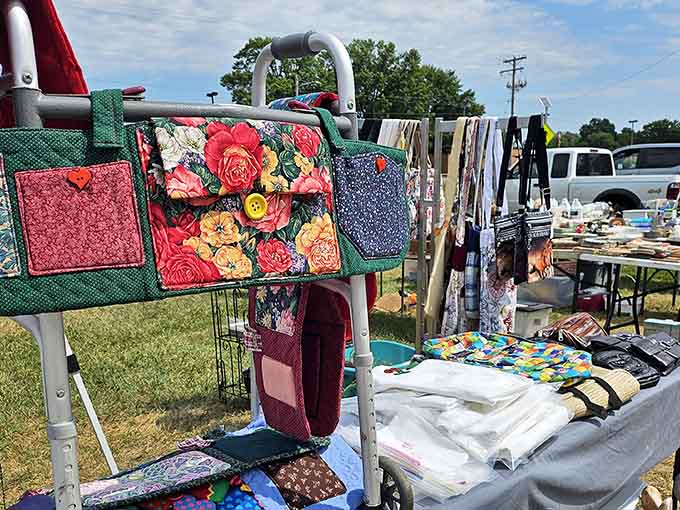 Handmade floral bags and colorful crafts catch the sunlight—outdoor markets bring that festival energy to shopping.