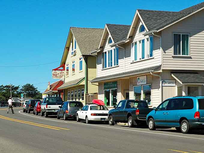 Colorful storefronts line up like a box of crayons, each one inviting you to discover antique treasures inside.
