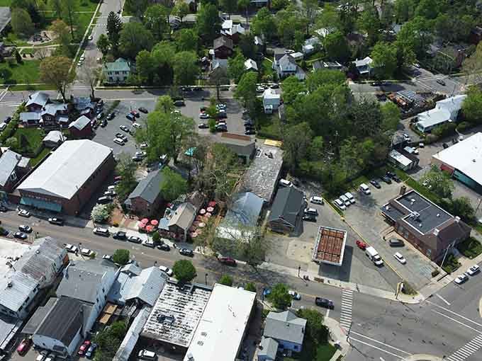 From above, this town looks like a green quilt stitched together with streets and community spirit.