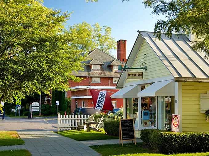 Charming shops nestled under leafy trees create the perfect backdrop for a leisurely afternoon stroll together.