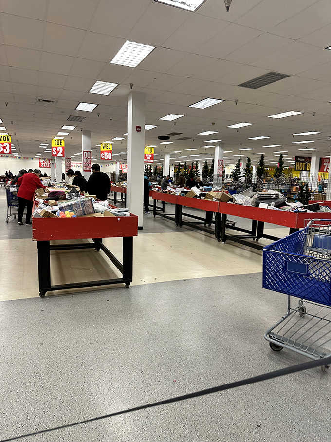 Color-coded tables stretch into the distance like a bargain hunter's yellow brick road to incredible finds.