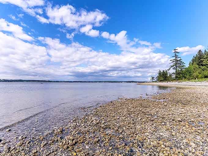 Dramatic clouds dance over this tranquil beach where gentle waves whisper secrets to the shore.