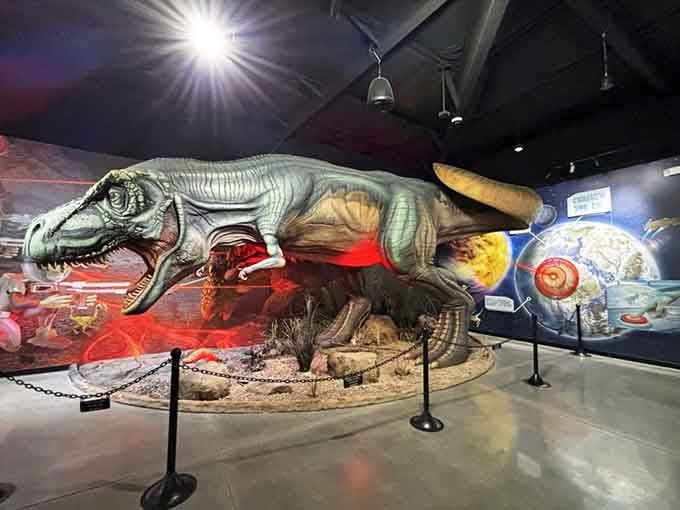 Prehistoric meets neon as this T-Rex display brings museum exhibits to vivid, colorful life under theatrical spotlights and wonder.