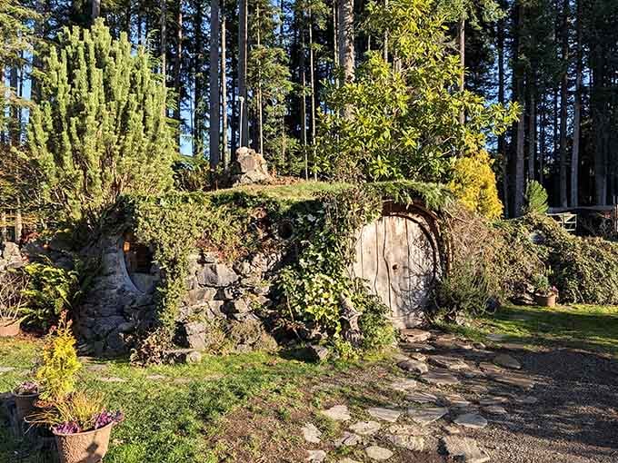 The moss-covered roof and stone pathway create a hobbit haven that Tolkien himself would have approved of wholeheartedly.