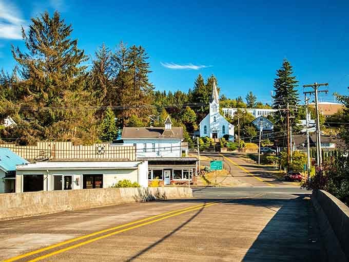 A white church steeple rises above the trees like a beacon calling you home to simpler times.