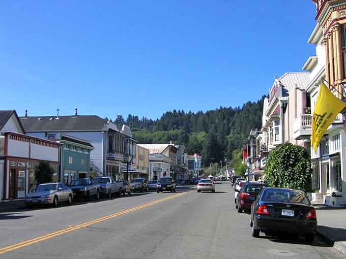 Ferndale's Main Street showcases ornate architecture in sunshine, each building more elaborately detailed than a wedding cake.