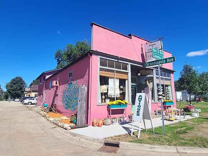 A bright pink antique shop sitting right on Scandinavia Avenue is the kind of discovery that makes you glad you took the back road.