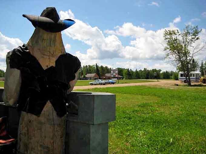 This weathered wooden figure in a cowboy hat surveys Funkley's wide open green like a tiny town's very own sheriff.