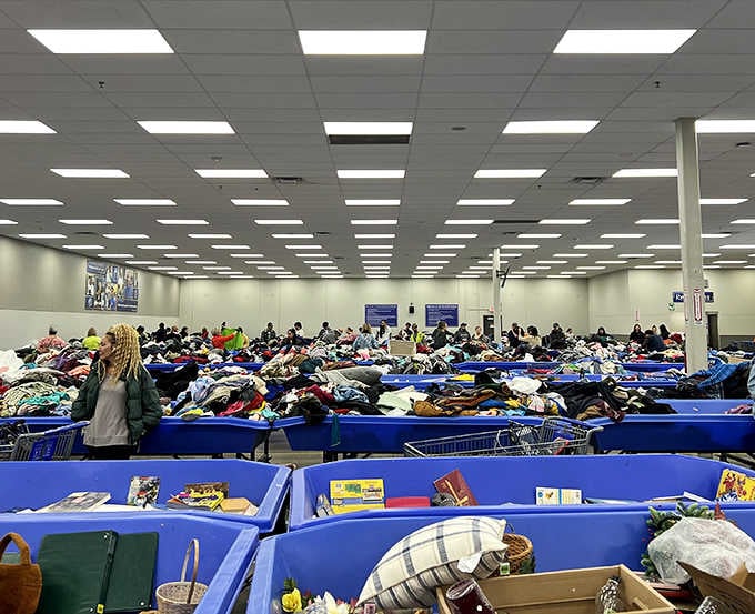 A vast sea of blue bins stretching wall to wall, packed with treasures waiting for someone patient enough to find them.