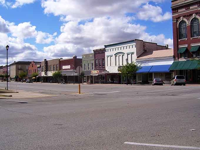 Wide open spaces and blue skies frame downtown buildings that have weathered decades with quiet dignity and grace.