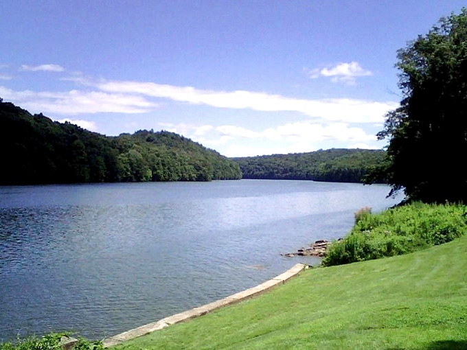 Wooded slopes meet calm waters in a view that belongs on a vintage travel poster from the 1950s.