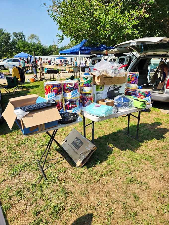 Blue sky overhead and green grass underfoot make this outdoor market feel like a neighborhood block party.