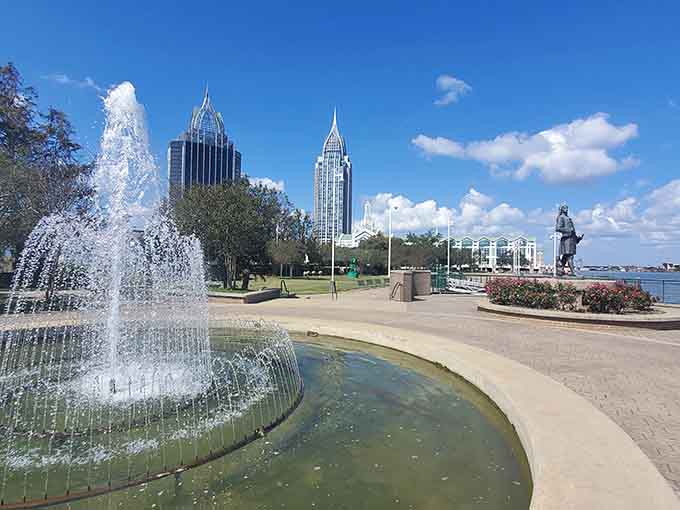 Fountains dance against a skyline backdrop, offering waterfront views that make you want to linger all afternoon.