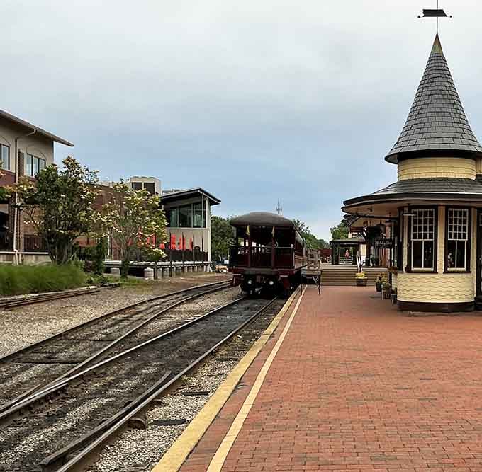 The vintage train station pavilion looks ready for passengers from a gentler era of travel.