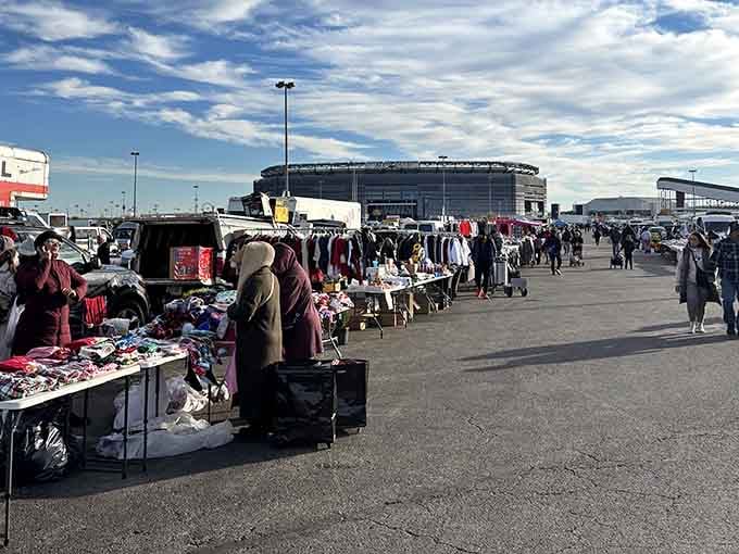 The massive stadium looms behind rows of vendors, creating an unlikely but thrilling backdrop for serious bargain hunting.
