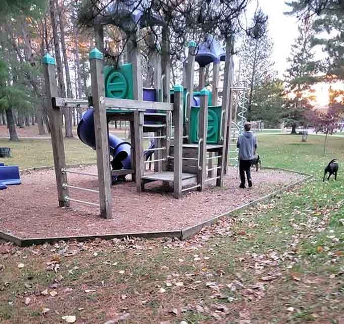 Wooded surroundings at Paul Bunyan Memorial Park offer you the perfect autumn backdrop for an afternoon of outdoor playground fun.