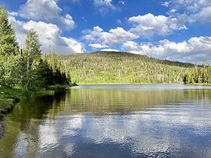 Dense evergreens surrounding the lake create a natural amphitheater where silence sounds better than any symphony.