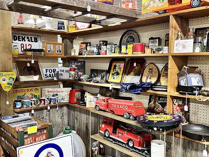 Vintage advertising signs and old-time collectibles line these rustic shelves like a general store from your childhood.