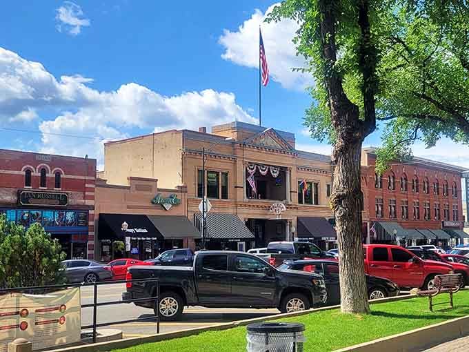 The courthouse plaza anchors downtown life under billowing clouds, proving small-town America still thrives in the mountains.