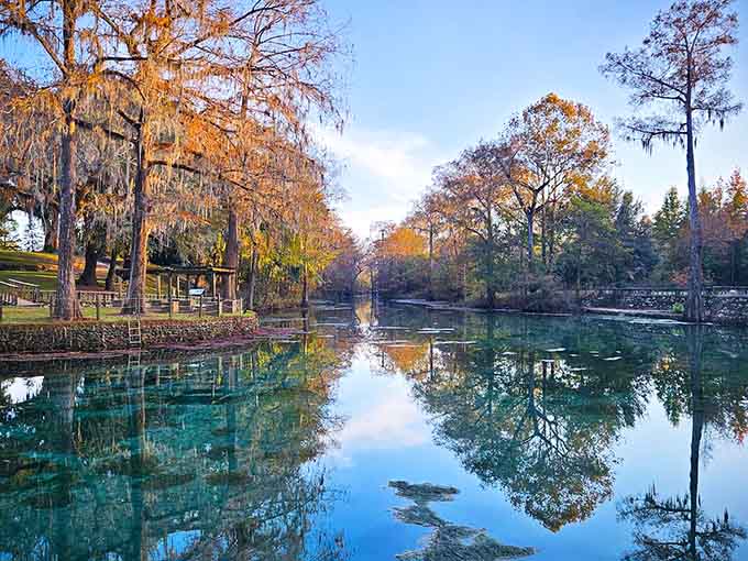 Fall foliage reflects perfectly in this crystal-clear spring, creating a double dose of beauty that cameras absolutely love.