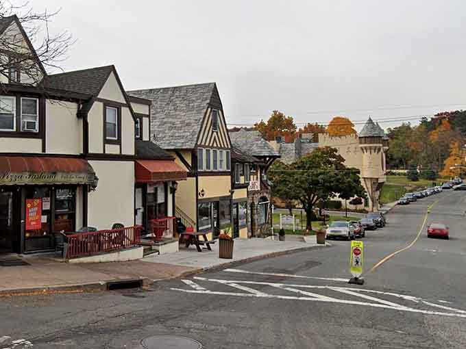 The castle-like tower in the distance hints at the architectural surprises waiting around every corner in this delightful town.
