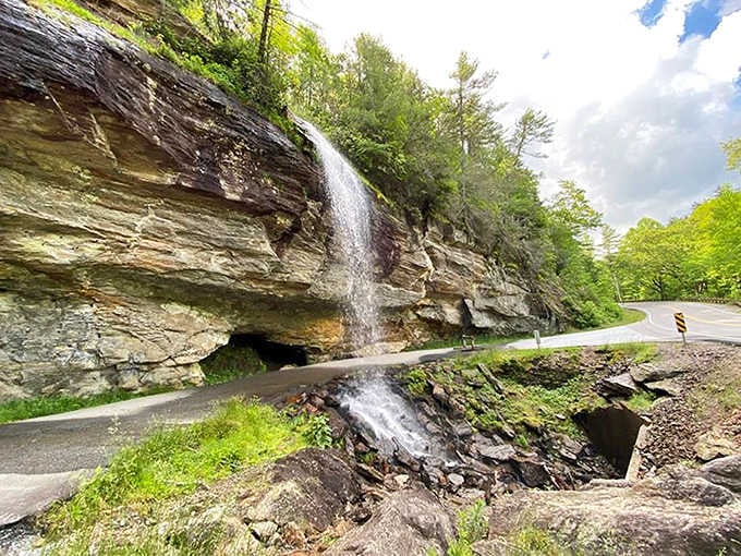 Nature's car wash: a waterfall cascading directly onto the roadway, making your commute unexpectedly refreshing and memorable.