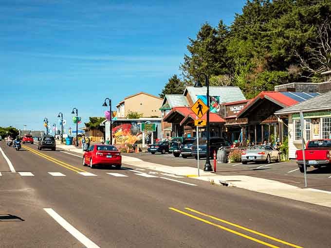 Shops and cafes cluster along the waterfront where the bay meets the sky in perfect coastal harmony.