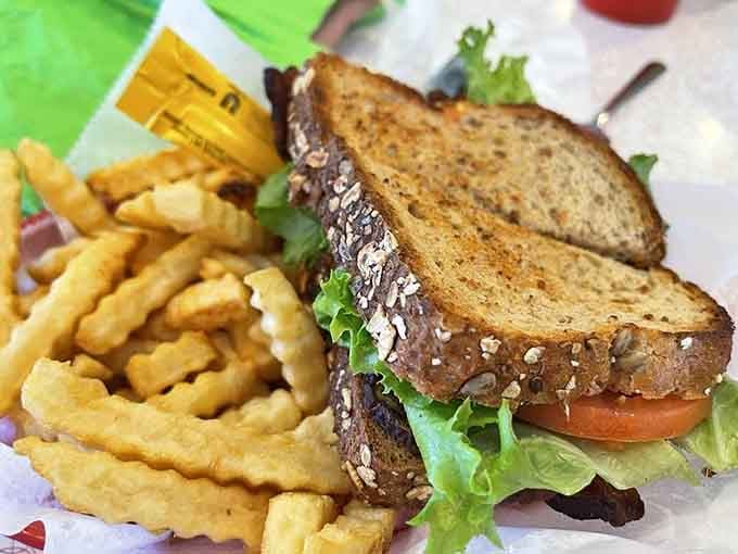 The BLT on multigrain proves you can find lighter options even at a train-themed burger joint.