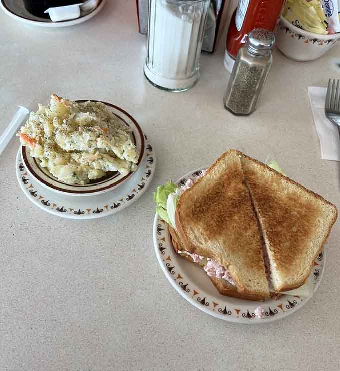 Potato salad and a chopped ham sandwich prove lunch here is just as worthy of attention.