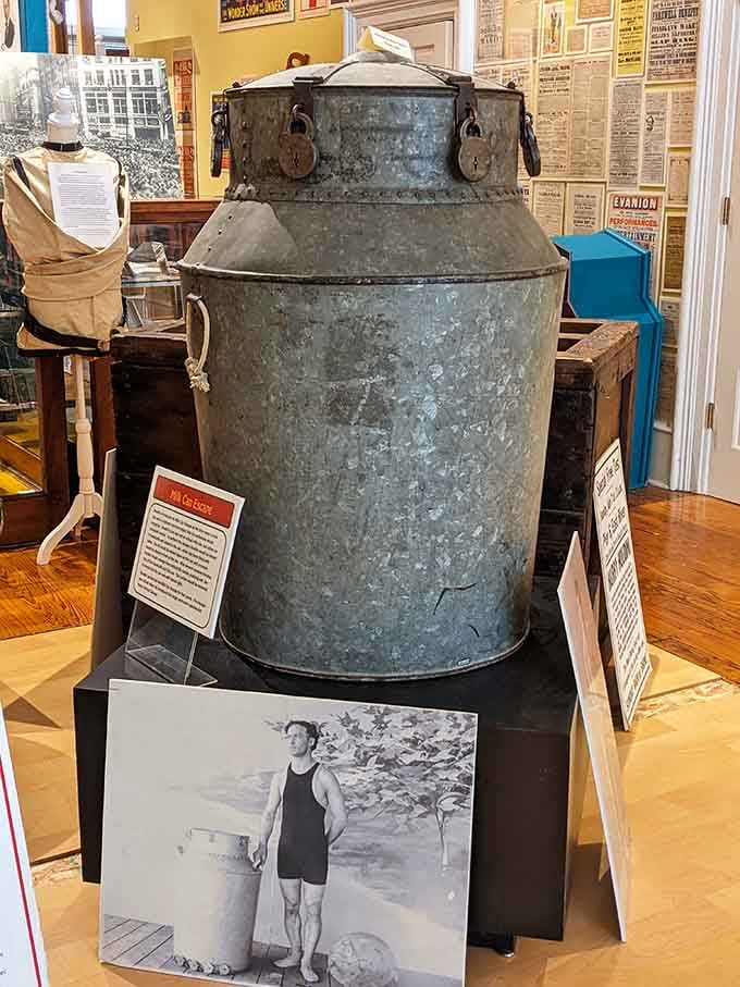 That weathered milk can once held Houdini during his famous escape acts, proving sometimes the simplest props create the greatest thrills.