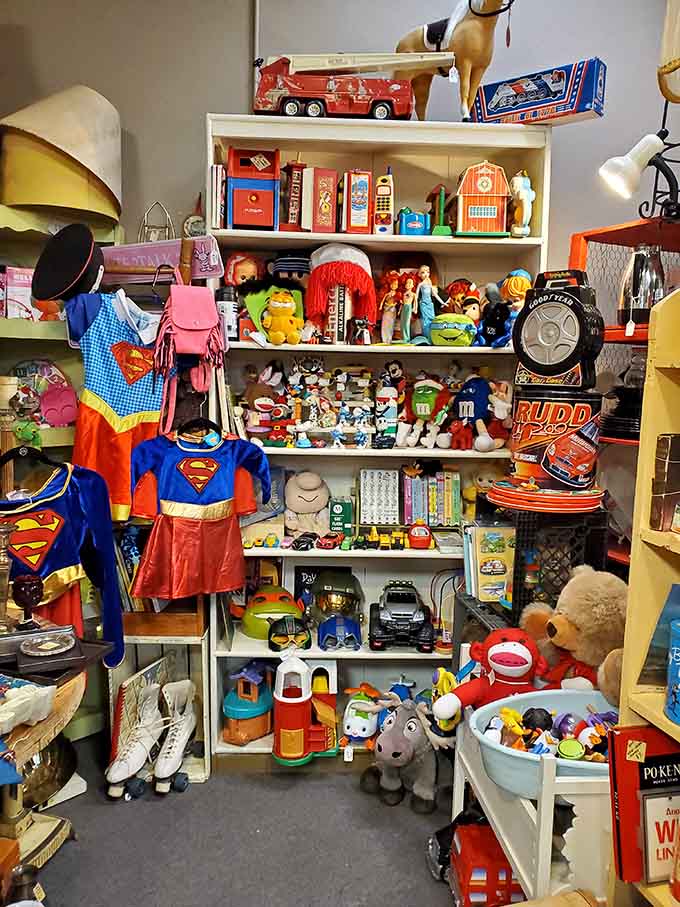 Superman costumes and vintage toys share shelf space in a nostalgic explosion that'll transport you straight to childhood.
