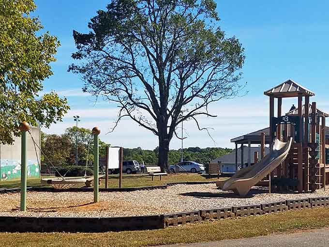 Every good park needs a playground where kids can burn energy while parents contemplate their life choices nearby.