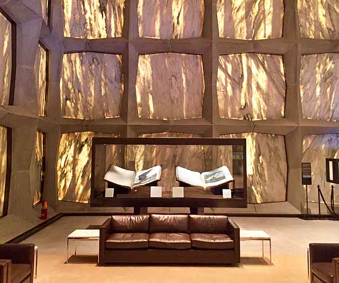 When sunlight hits those marble panels just right, it's like being inside the world's most sophisticated glowing cube.