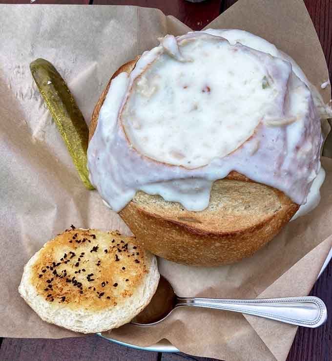 When regular bowls just won't cut it, they serve your chowder in edible bread architecture that's pure genius.