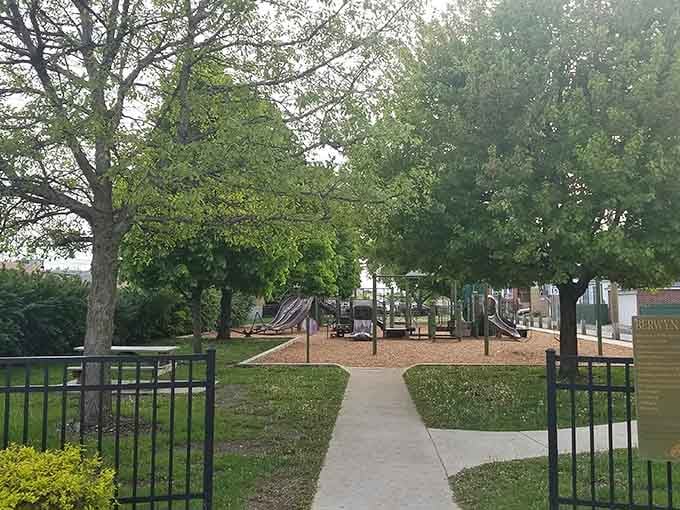 Berwyn Gardens provides a peaceful green escape where neighborhood kids still play outside until the streetlights come on.