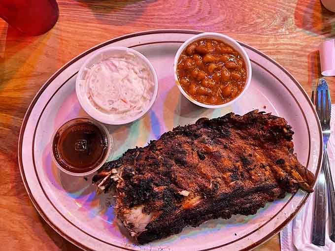 The dry rub creates that gorgeous mahogany crust that barbecue dreams are made of, no sauce required for perfection.