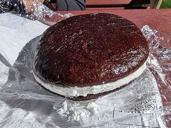 The classic chocolate whoopie pie in its natural habitat, wrapped and ready to make your day infinitely better.