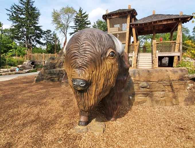 Meet the star of the show, a carved bison that's both climbing sculpture and history lesson rolled into one.