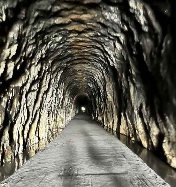 Look up at those exposed stone walls and you'll see the mountain's bones, carved by hand over a century ago.