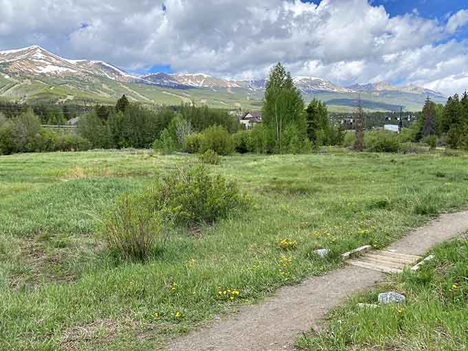 Mountain vistas stretch beyond green meadows, offering the kind of scenery that made railroad workers forget their aching backs.