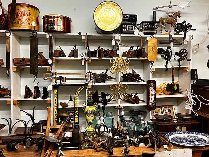 Vintage tobacco tins and mysterious implements create a collector's puzzle where every piece has a purpose worth discovering.