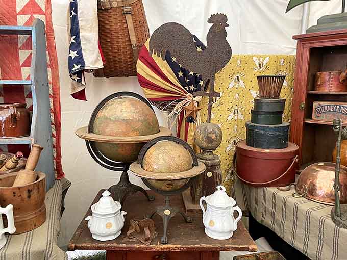 Vintage globes and Americana create a patriotic display that would make any history teacher weep with joy and nostalgia.