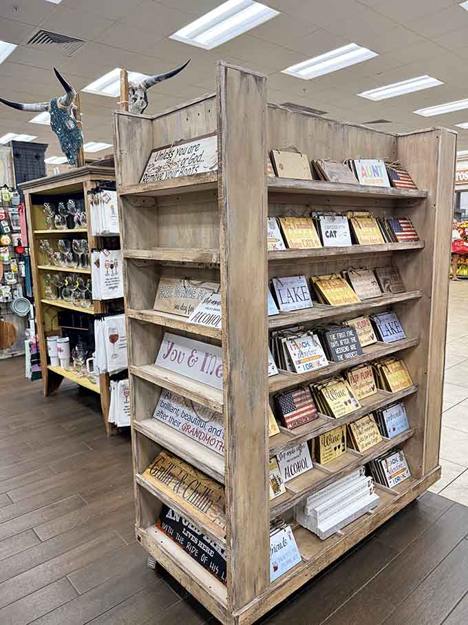 Rustic home decor that'll make your living room look like a Pinterest board, conveniently located next to the beef jerky.