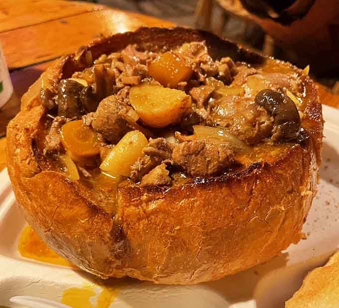 Beef stew served in a bread bowl is comfort food's answer to edible dishware, and honestly, why isn't everything served this way?