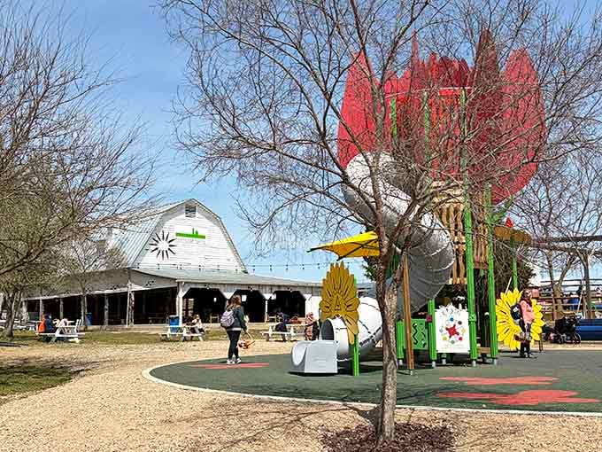 The farm's playground and barn area proves that whimsy and agriculture make excellent neighbors in the countryside.