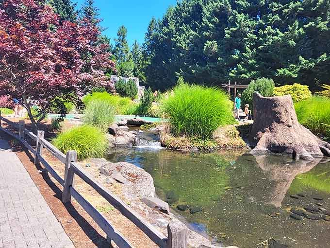 Water features throughout create that peaceful ambiance while simultaneously threatening your golf ball's safety.