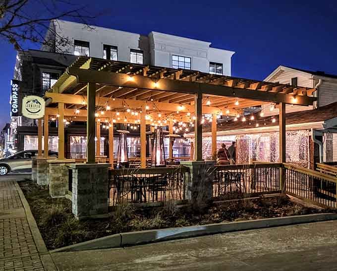 String lights and outdoor dining create the perfect setting for lingering over dinner like you've got nowhere else to be.