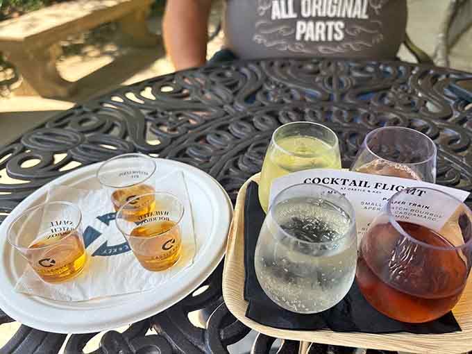 Flight options include bourbon, rye, gin, and vodka, because sometimes you need variety in your responsible day drinking.