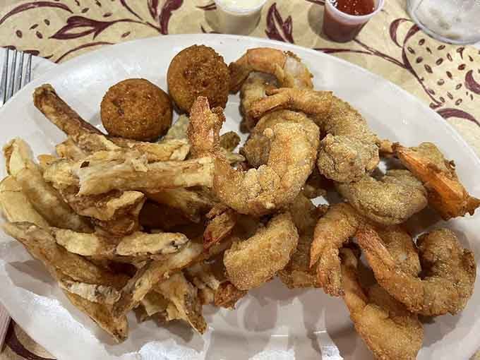 Golden fried shrimp and hush puppies that could make a seafood skeptic reconsider their entire position.