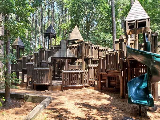 Wooden castle turrets rise from the playground like something from a storybook your grandkids would absolutely conquer.
